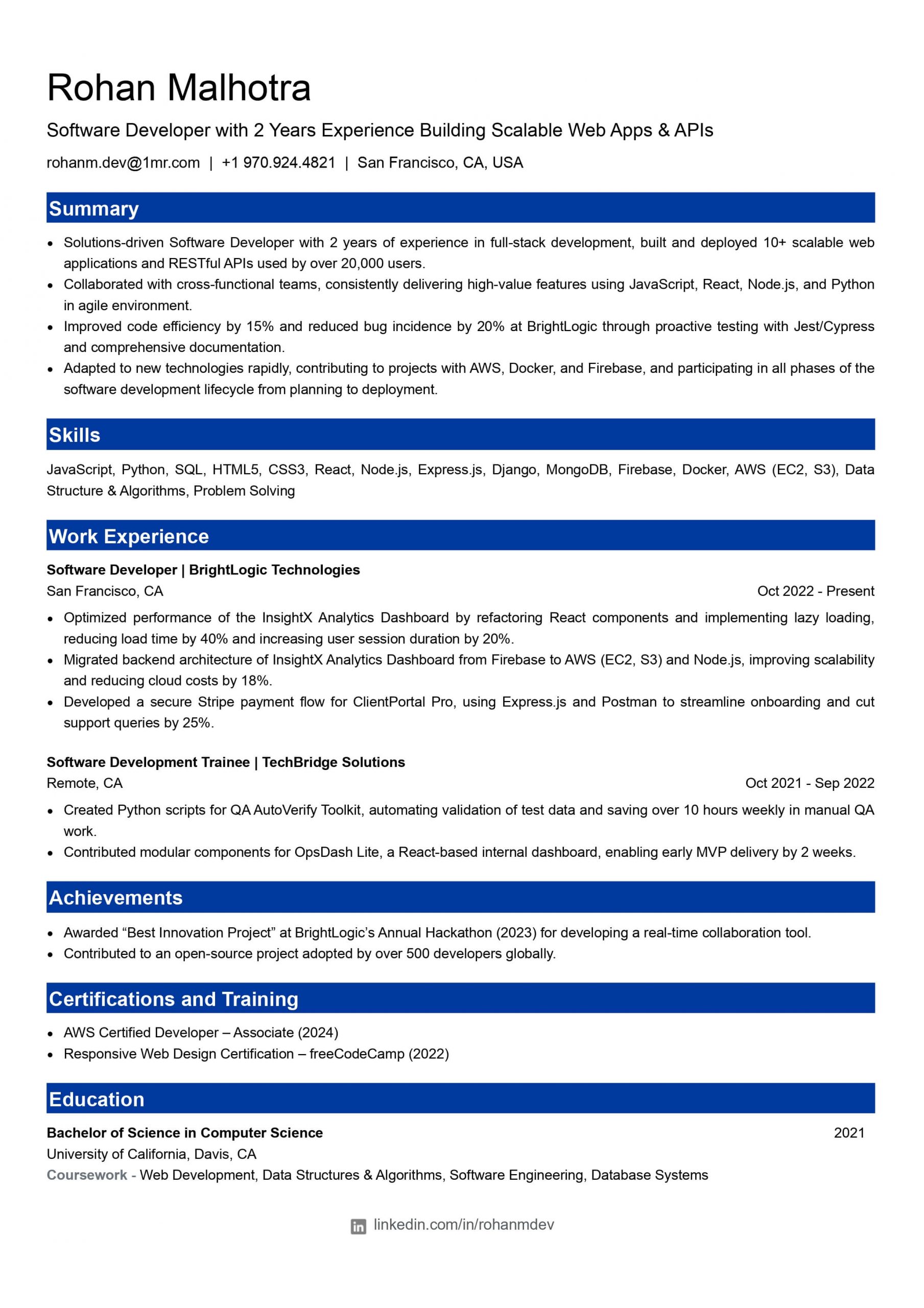 Software Developer Resume Example